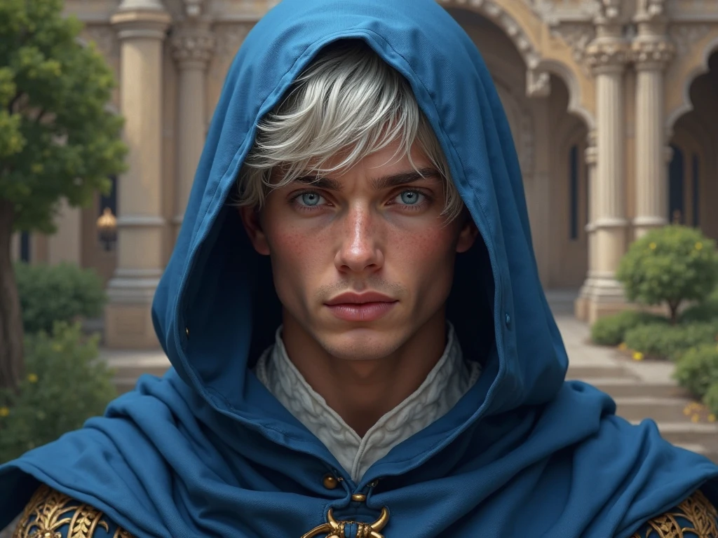 Prince's face with a hood on his head short white hair medium blue eyes ...