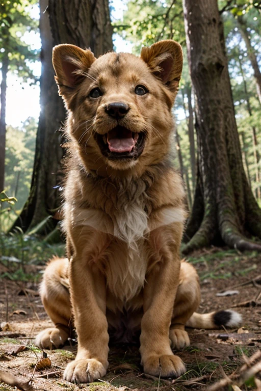 The little lion pup yawns wide, his eyes are still a little sleepy ...