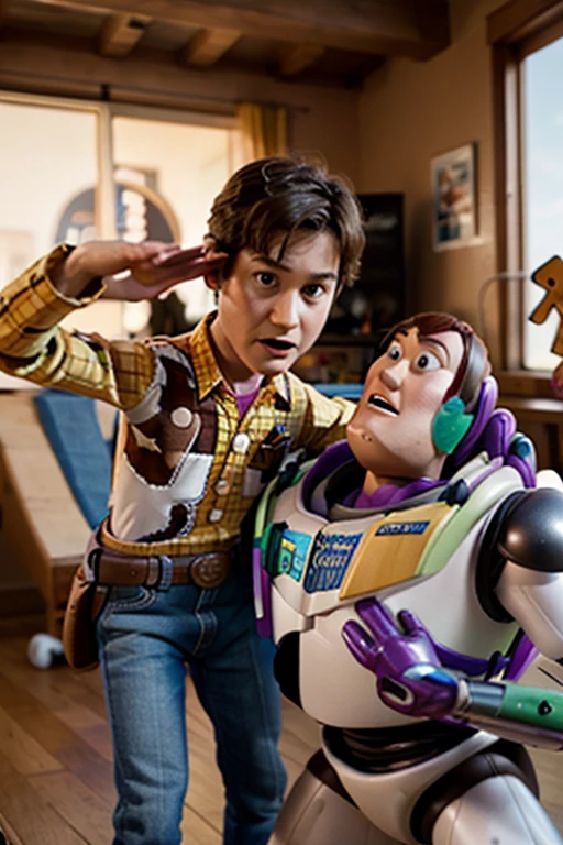 Toy story buzz light year and woody fight with this man - SeaArt AI