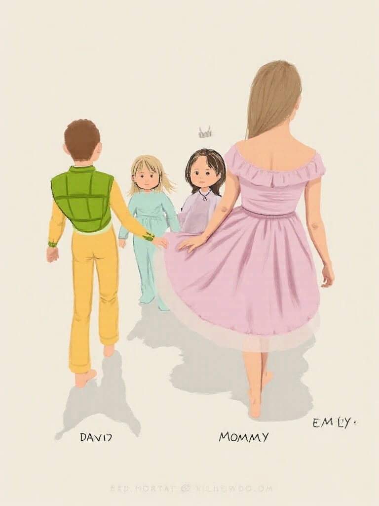 A family portrait, depicted in a stylized cartoon or comic book art ...