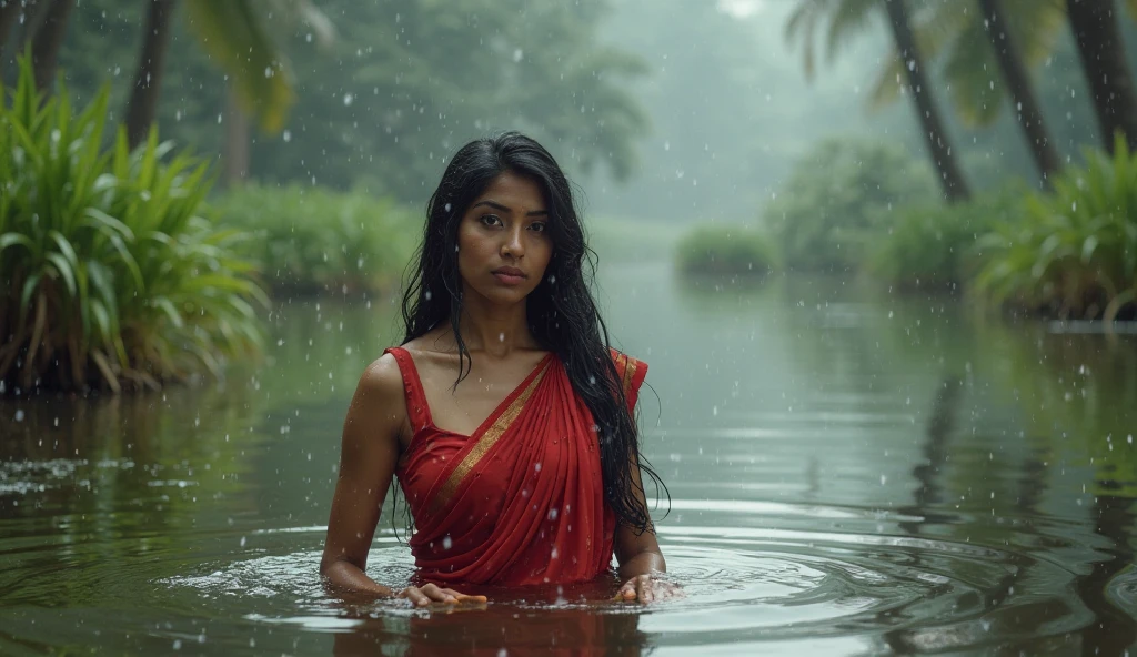 A beautiful Bengali woman wearing a red sari, bathing in the river ...