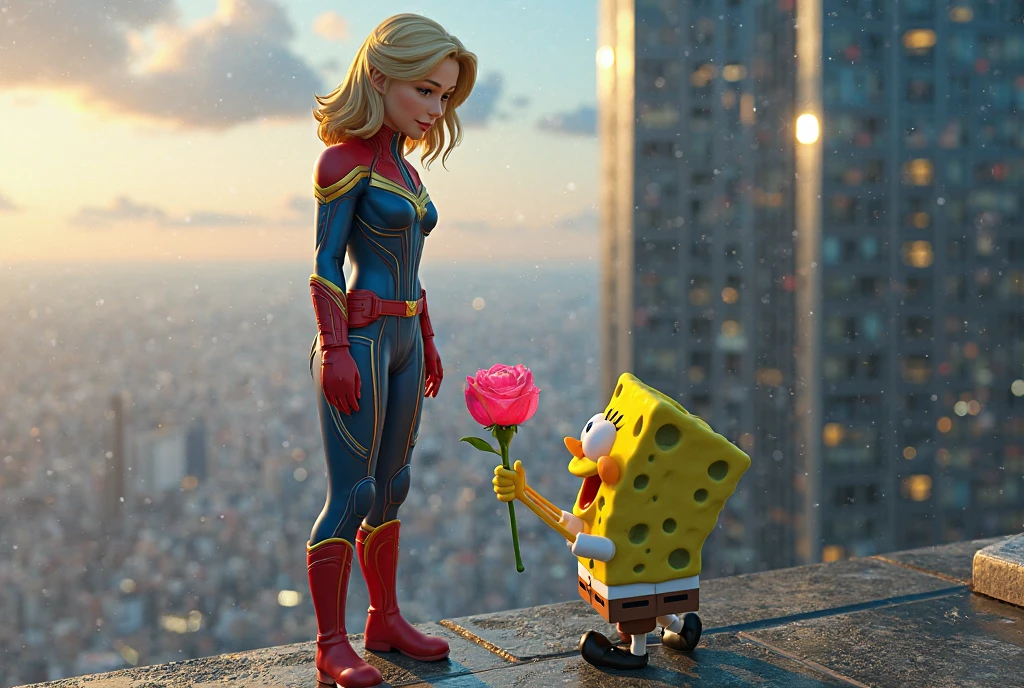 Captain Marvel on top of a building and kneeling SpongeBob handing her ...