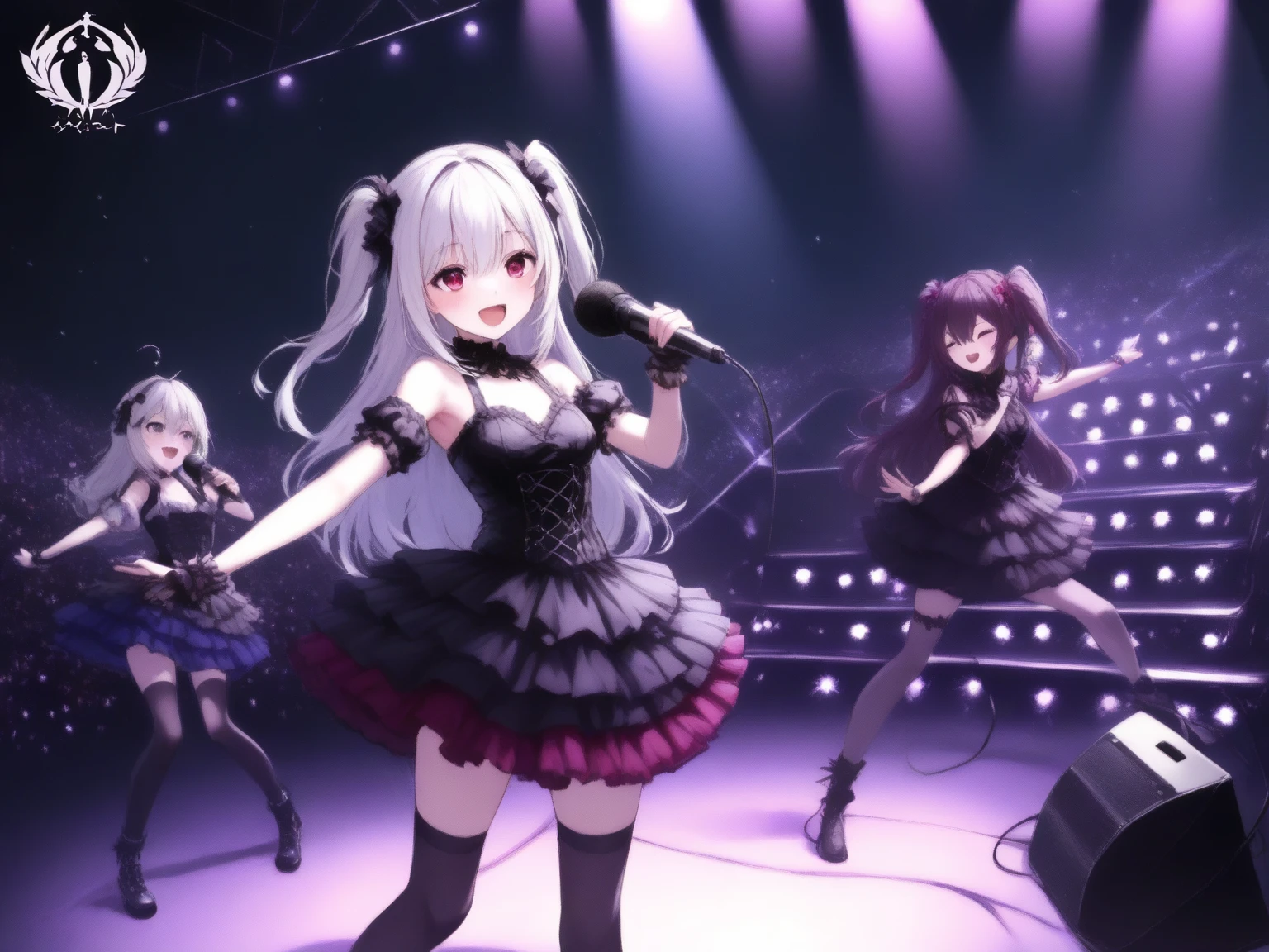 Show me 5 girls, gothic style, dancing and singing on stage, with ...