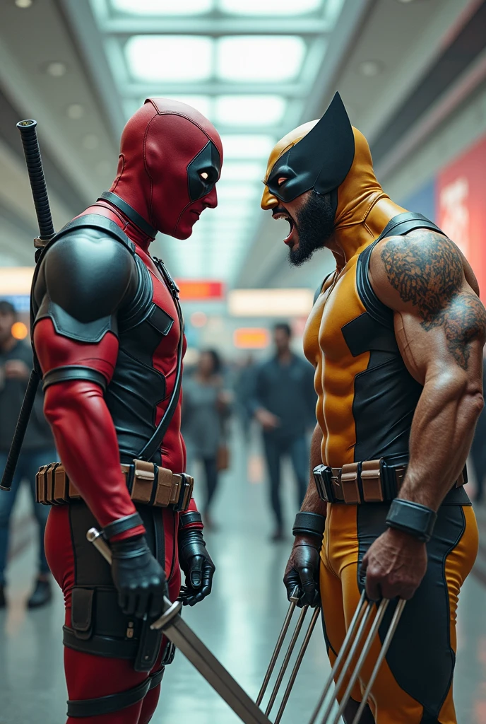 A 30-year-old man ,muscular body,wearing a Deadpool costume and mask ...