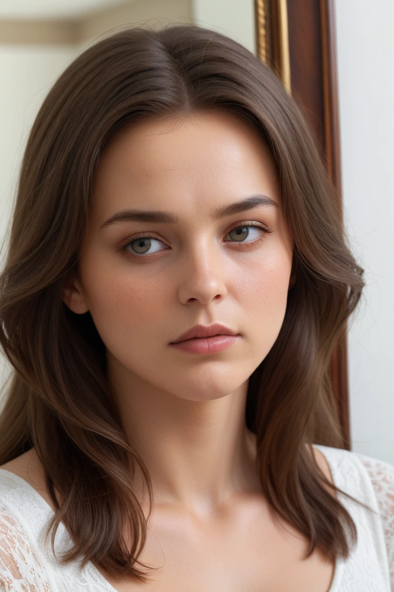 Realistic portrait of a woman with dull, lifeless hair, staring at ...