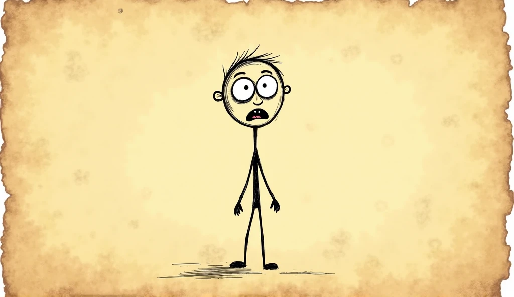 "A hand-drawn vintage stick figure sketch on aged paper. A shocked ...