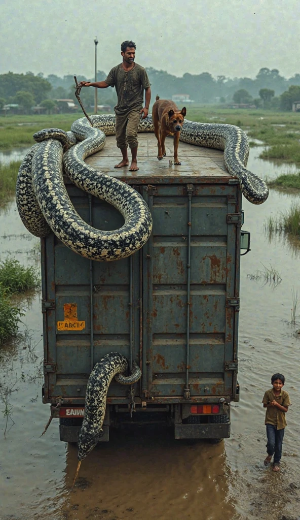 "From a high-angle view, a massive black-and-white patterned snake is ...