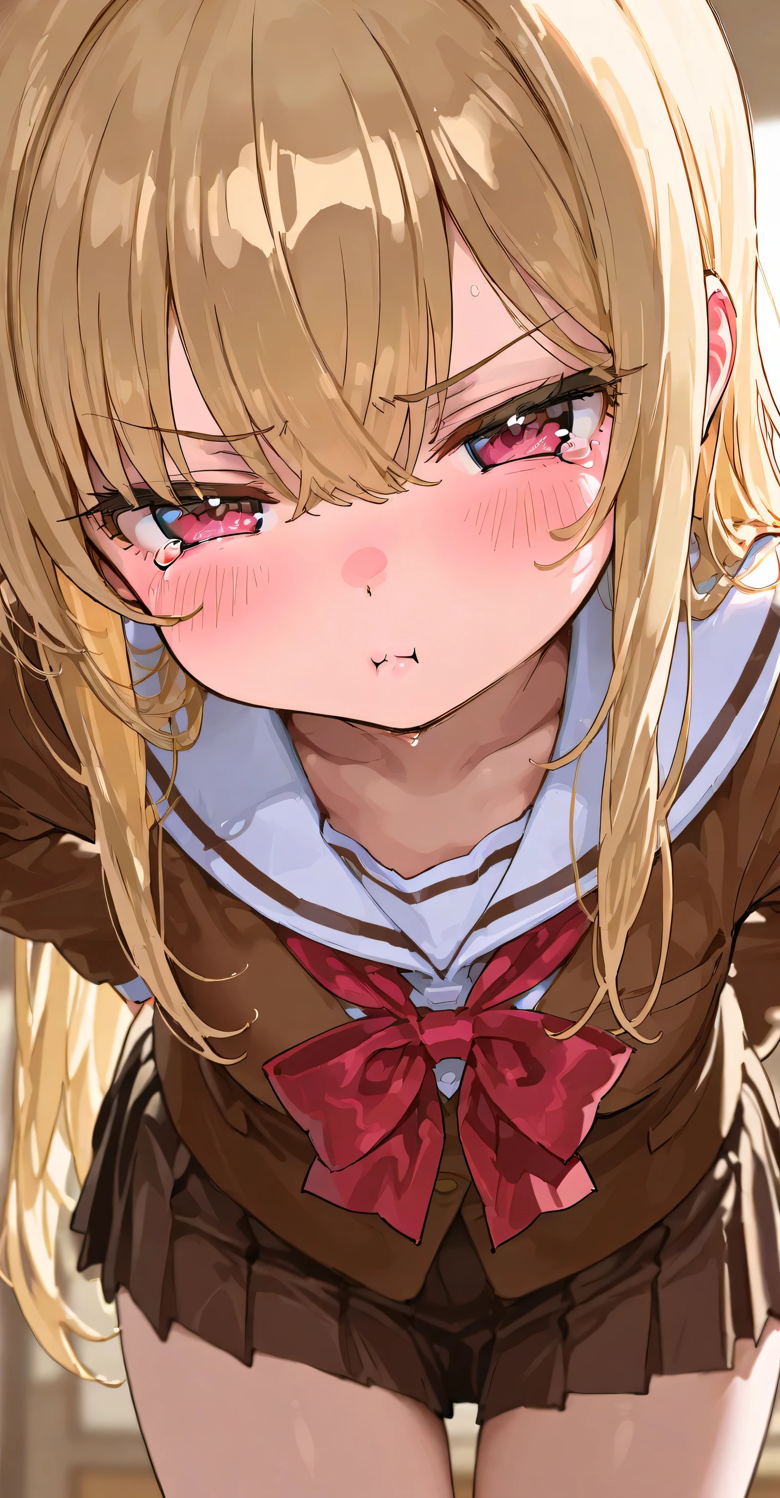 Anime girl with blonde hair and blue shirt and red bow tie - SeaArt AI