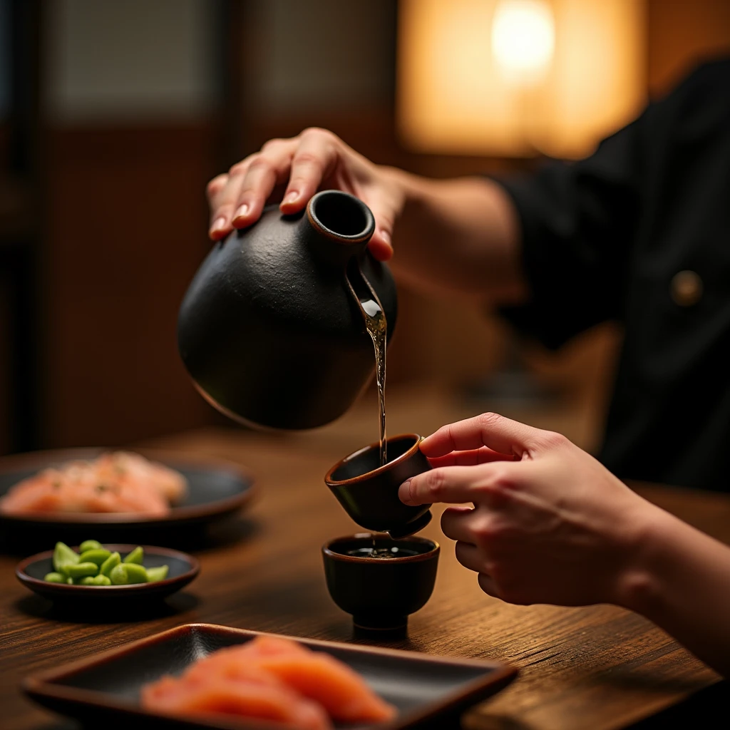 A luxurious and authentic sake drinking scene in a Japanese izakaya ...