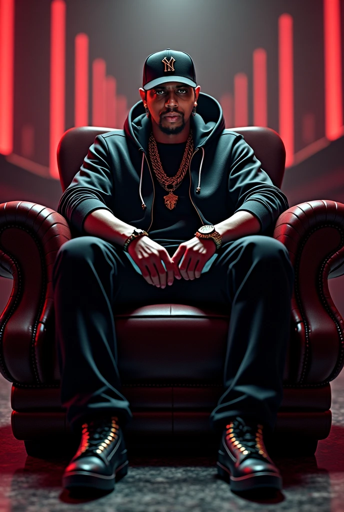 A Hip hop style man sits on Royal sofa dark background at night club ...