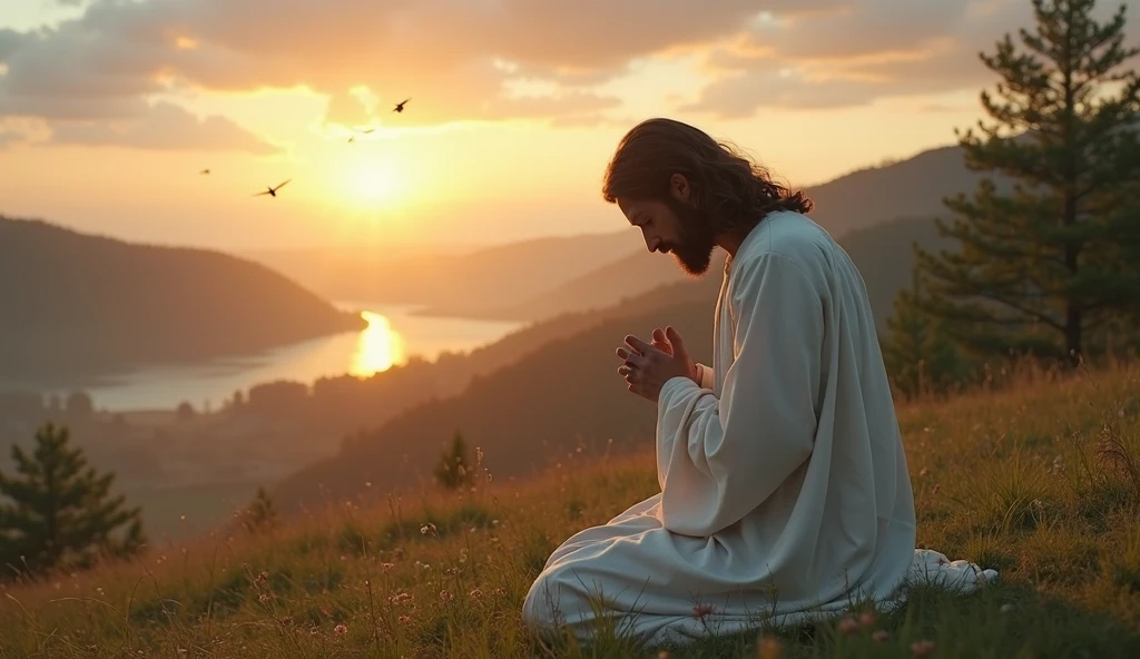 Ultra-realistic jesus christ, of human-textured skin, kneeling on the ...