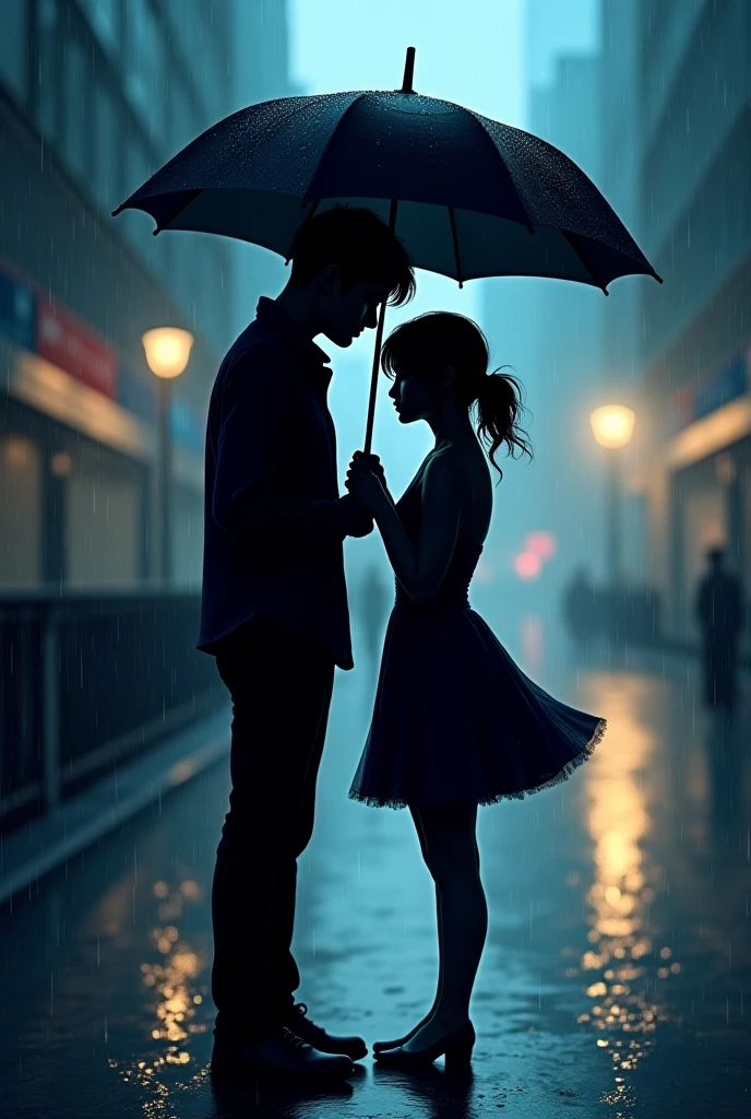 Create a story cover photo of a rainy scene with two shadows of a male ...