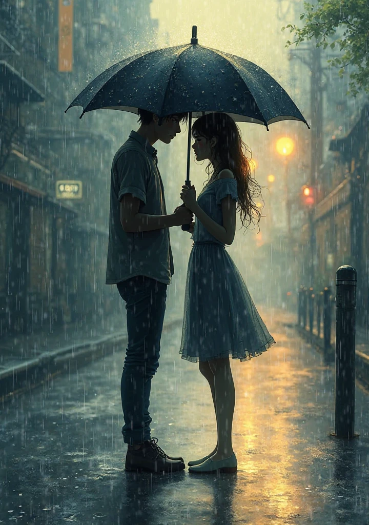 Create a story cover photo of a rainy scene with two shadows of a male ...