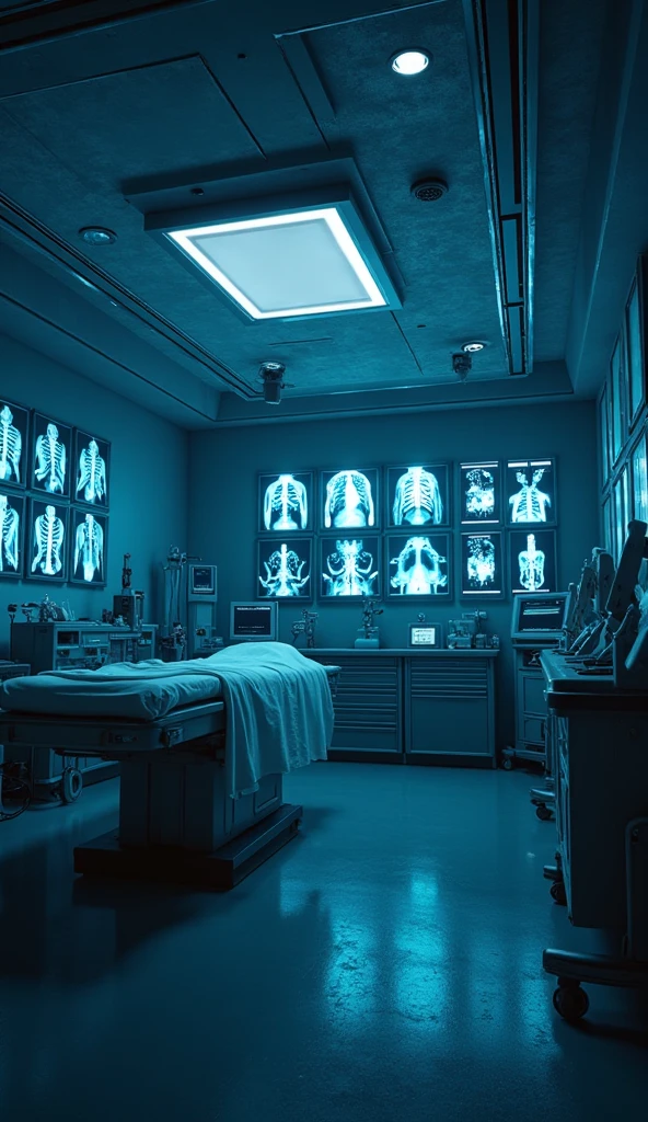 "Dark blue night and emty background, eerie autopsy laboratory - SeaArt AI