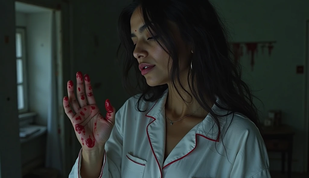 A 25 year old Indian girl in white pajamas, fair complexioned is ...