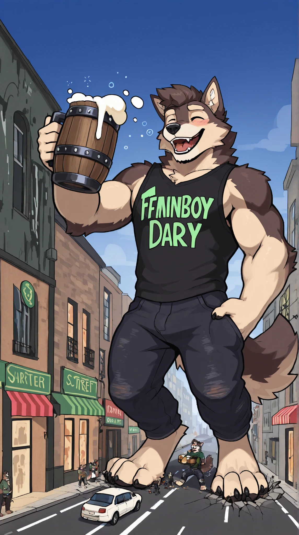 Digital art, cel shaded, anthro male husky, brown fur, smooth fur ...