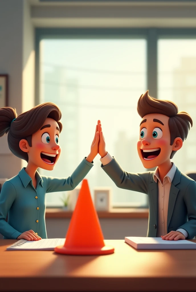 A front-facing view of two animated characters in an office, excitedly ...