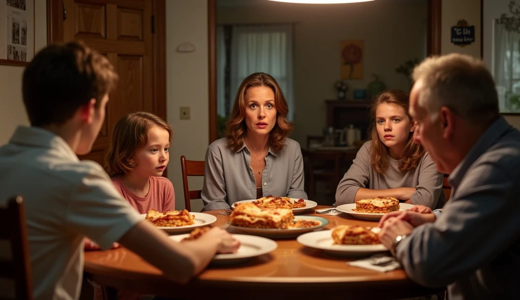 A tense family dinner scene featuring five people at a polished wooden ...
