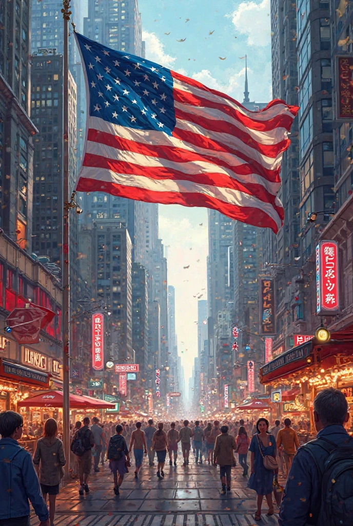 An American city with an American flag - SeaArt AI