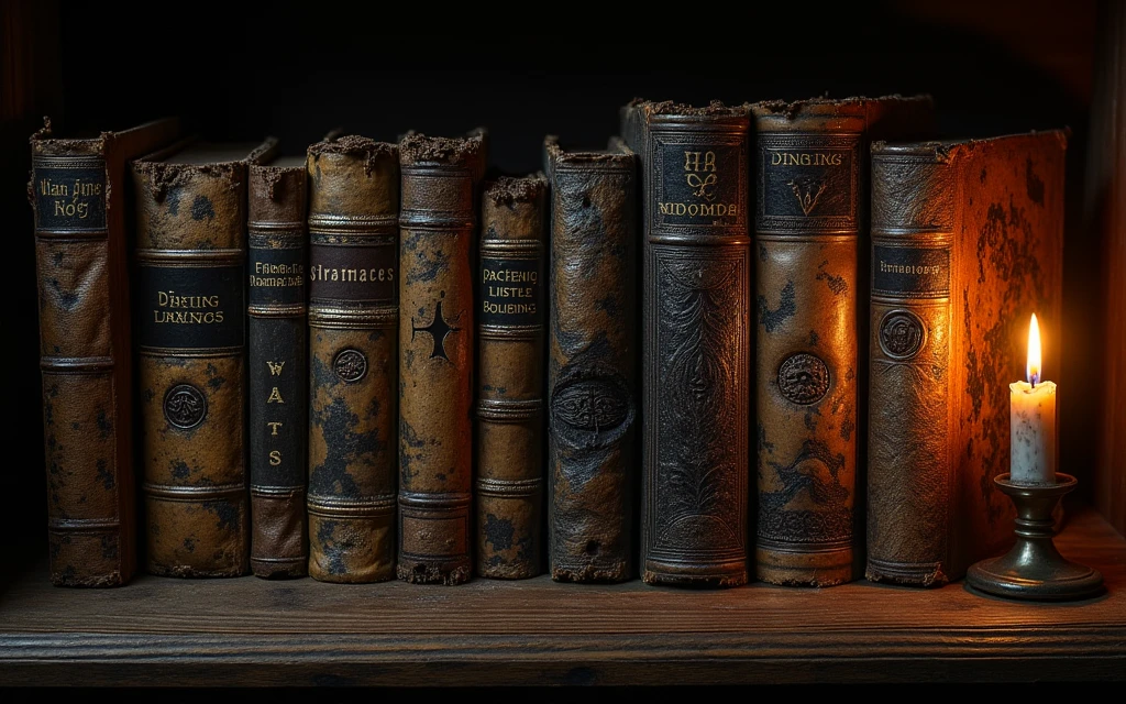 A dark and eerie row of old, tattered books standing on a wooden shelf ...