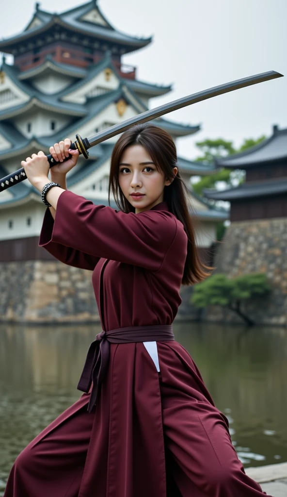 Kata211.An elegant asian woman wearing a deep crimson hakama - SeaArt AI