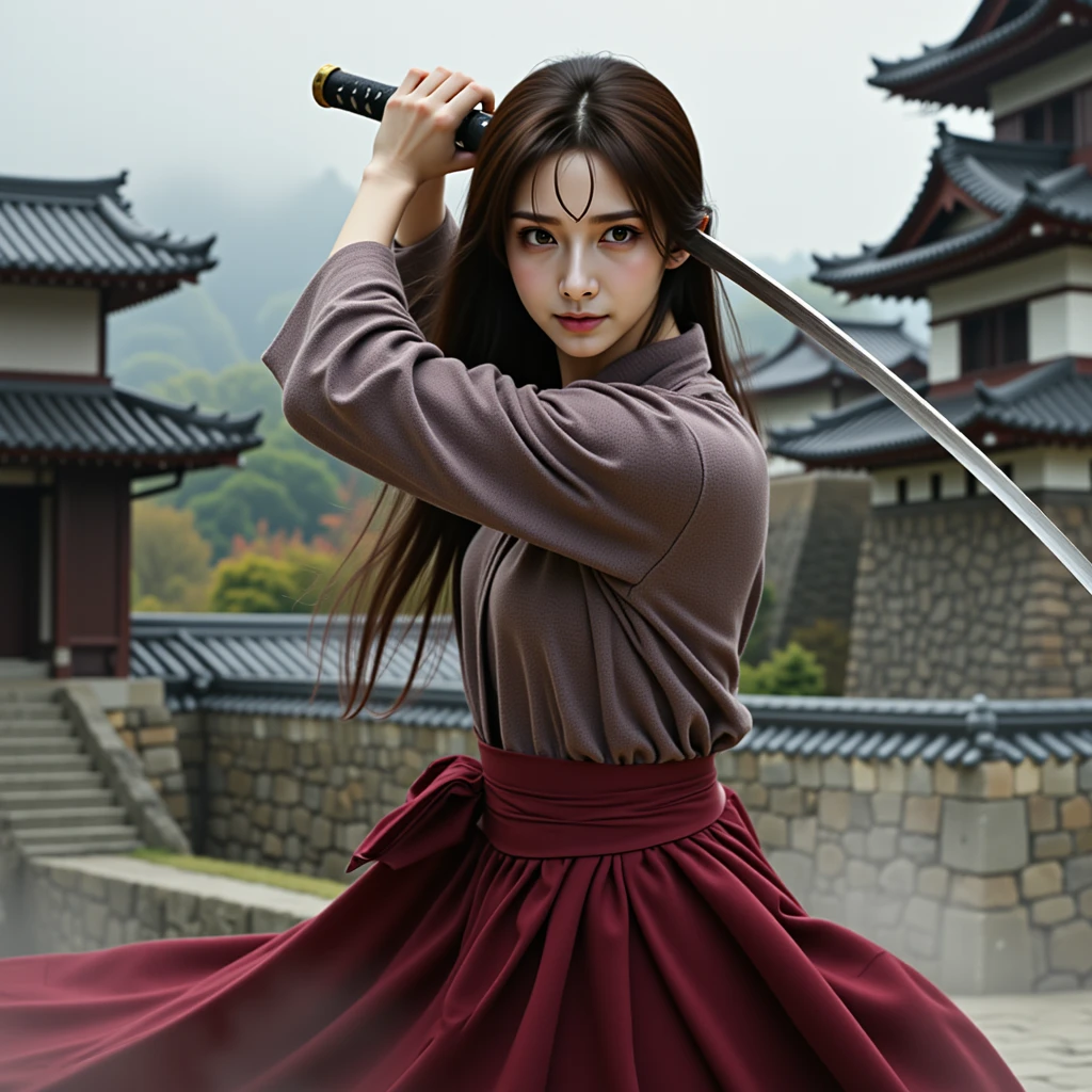 Kata211.An elegant asian woman wearing a deep crimson hakama - SeaArt AI