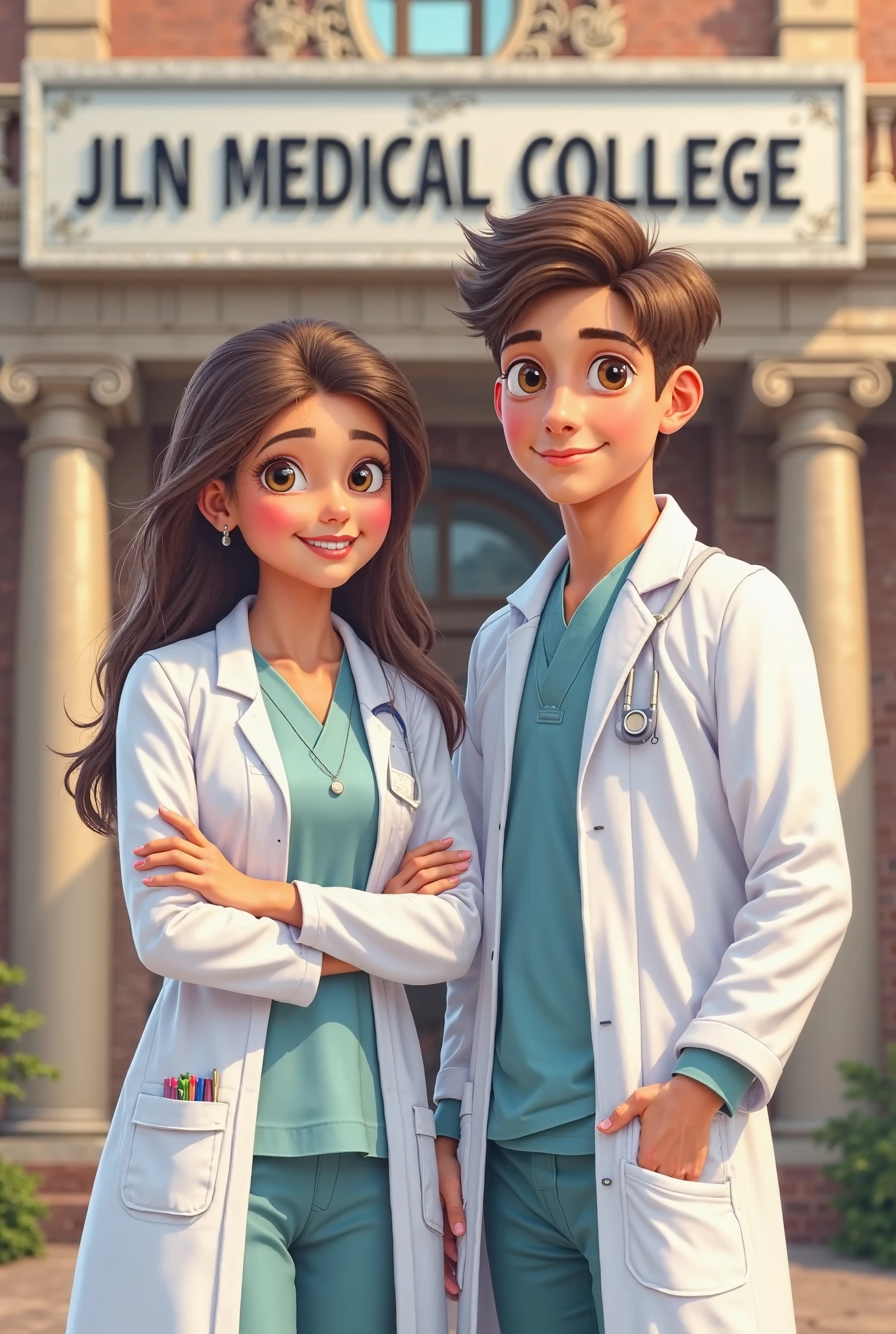 Cartoon of a couple of doctors standing in front of a building - SeaArt AI
