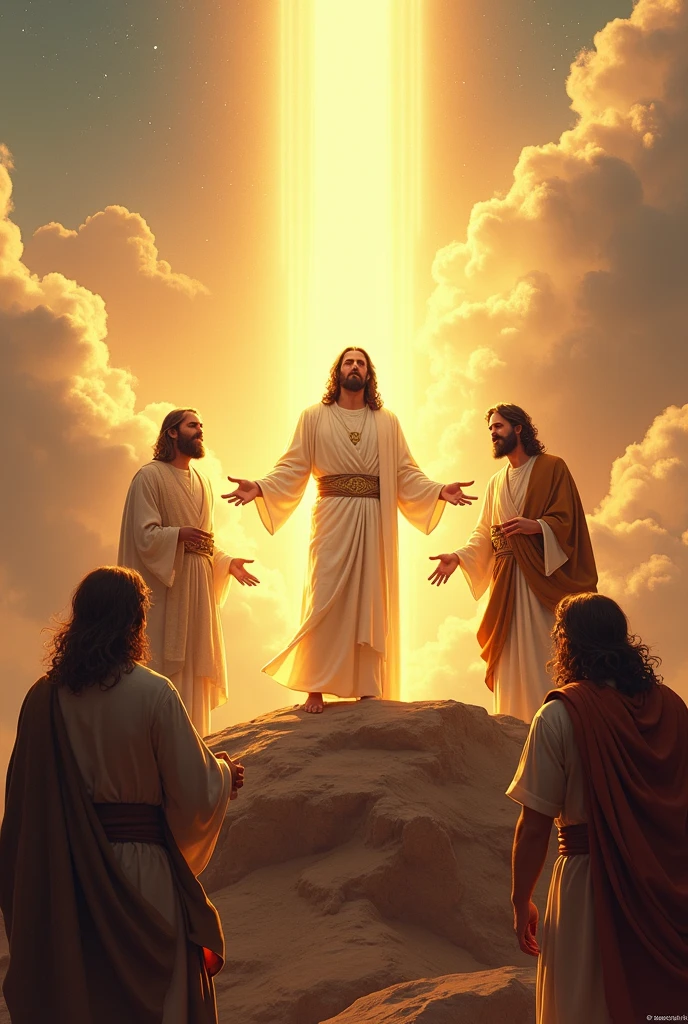 A majestic illustration of the Transfiguration of Jesus on the mountain ...
