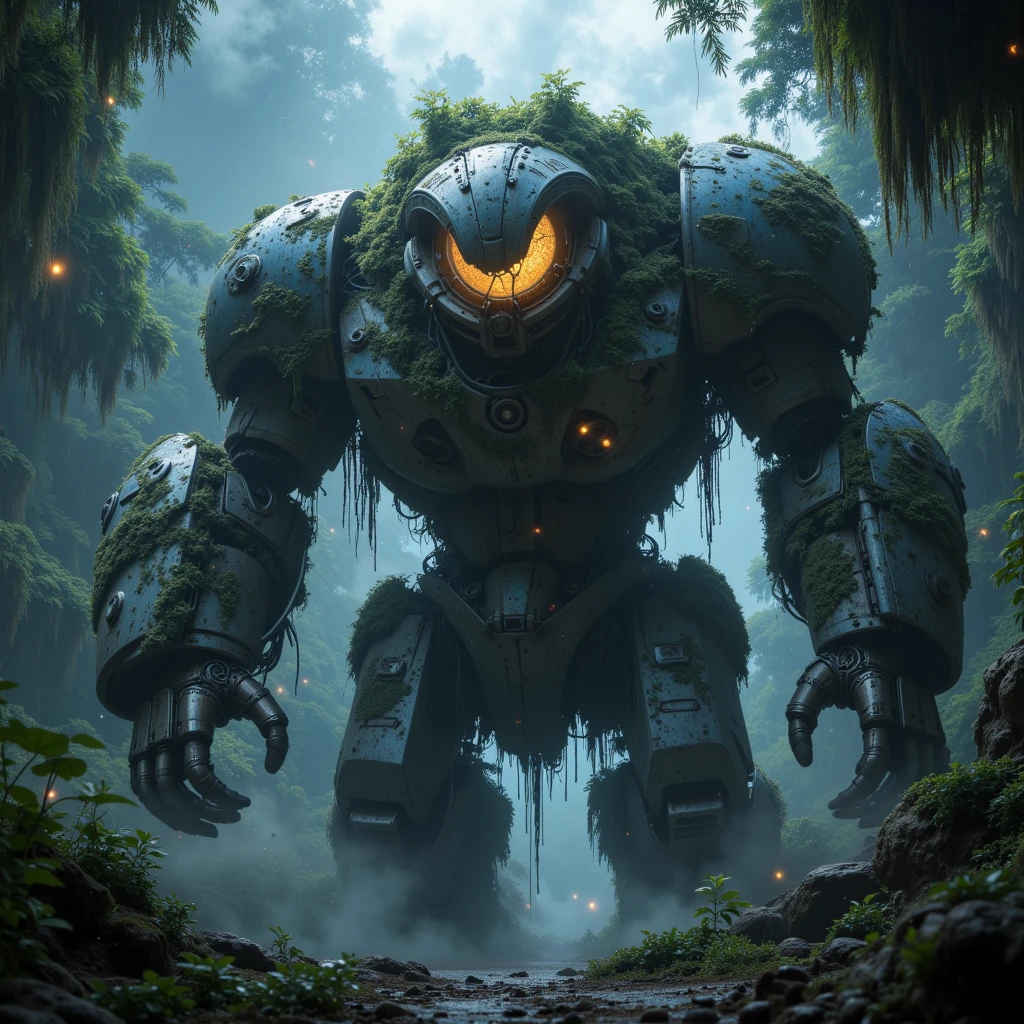 A towering ancient automaton, half-buried in a dense, misty jungle ...