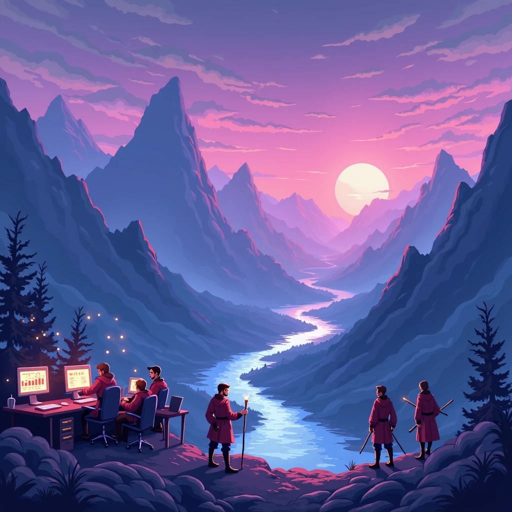 "An adventurous illustration in flat style. On the left side - SeaArt AI