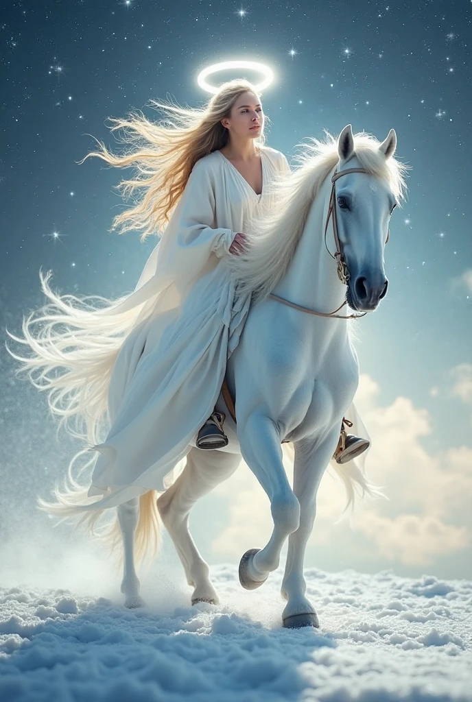 "A majestic looking heavenly being, dressed in a resplendent white robe ...