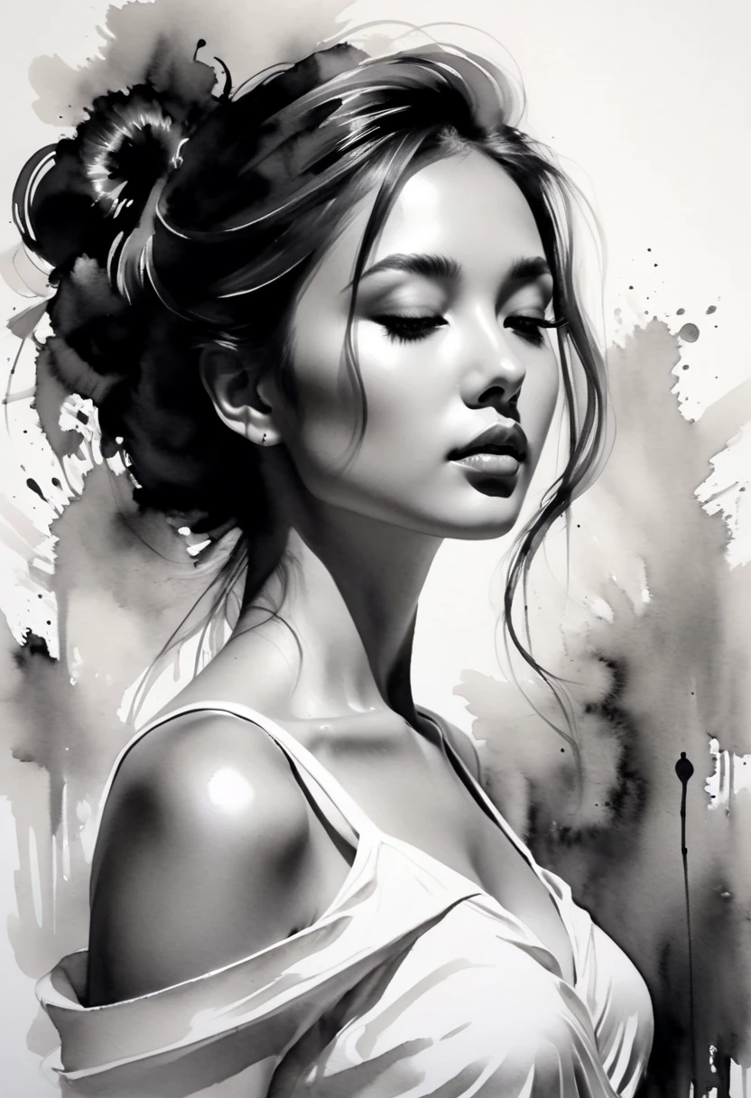 Girl，ink painting，Gentle brushstrokes，Draw delicate lines with a pen ...