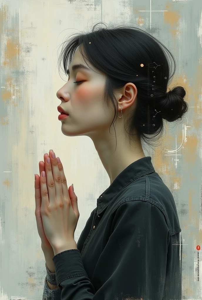 A minimalistic and emotive mixed-media portrait of a woman in profile ...