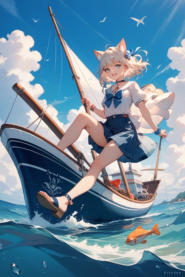 "Create an image of a cat sailing a boat out to sea and catching a fish ...