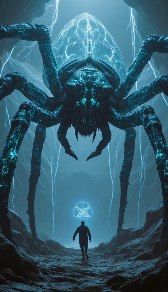 A monstrous gargantuan spider with crystalized legs and glowing webbing ...