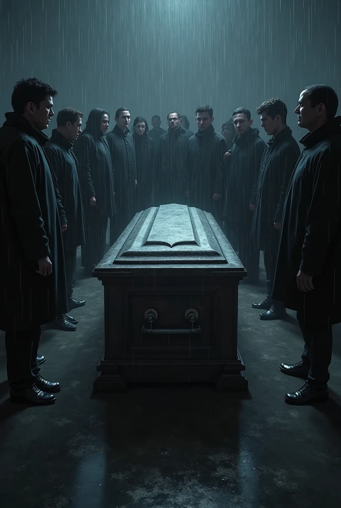 Make a closed coffin surrounded by people and a watching it intently ...