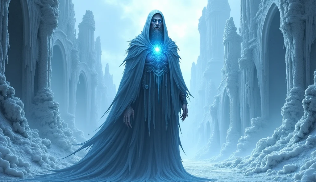An old Oracle with glowing blue eyes standing in ancient icy city ...