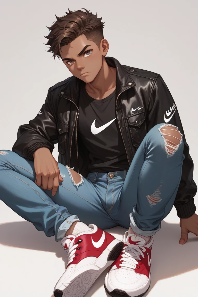 Create a young male character with a serious face and dark circles with ...