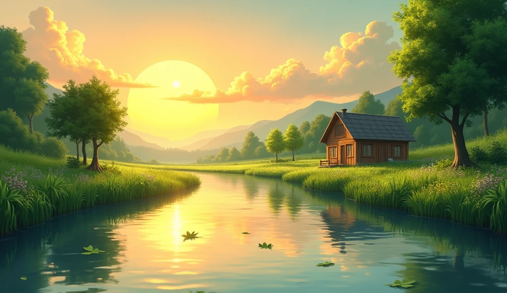 An animated-style illustration of a serene countryside river at sunset ...