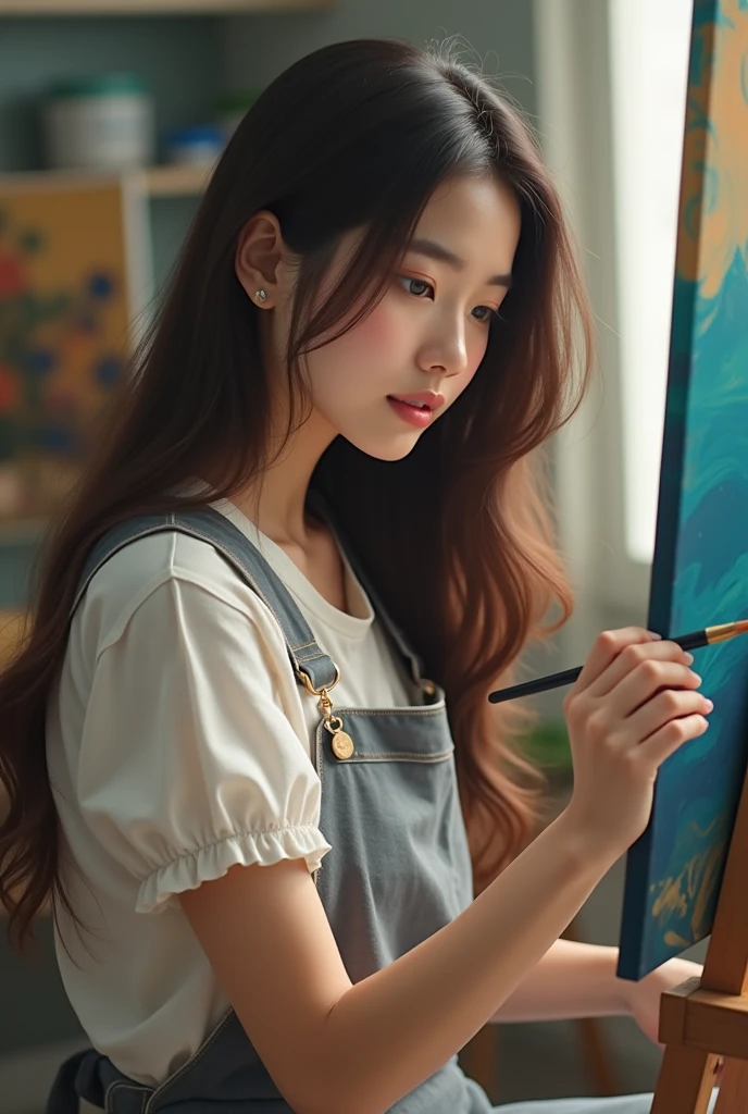 A pretty Korean girl with long hair in her 20s wears an apron and sits ...