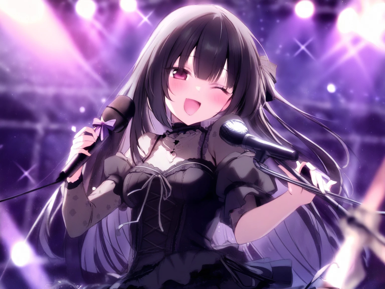 Show me a girl, gothic style, dancing and singing on stage, with ...