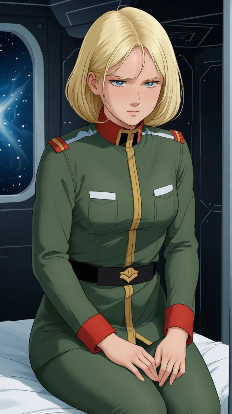 Blonde blue-eyed female soldier solo 4K ,Sit on the built-in bed folding hands - SeaArt AI