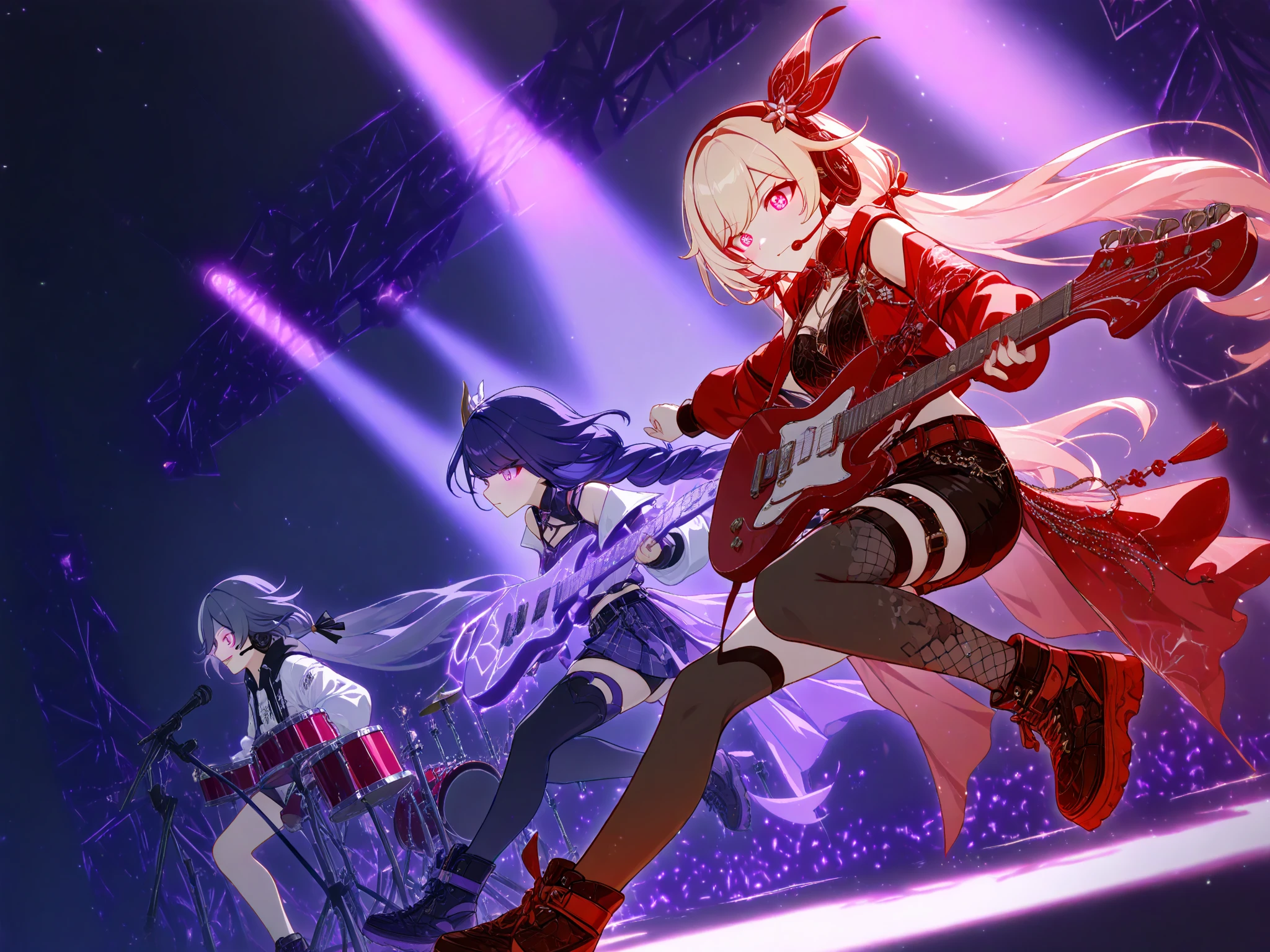 3girls, girls band, on stage, raiden shogun /(genshin impact - SeaArt AI