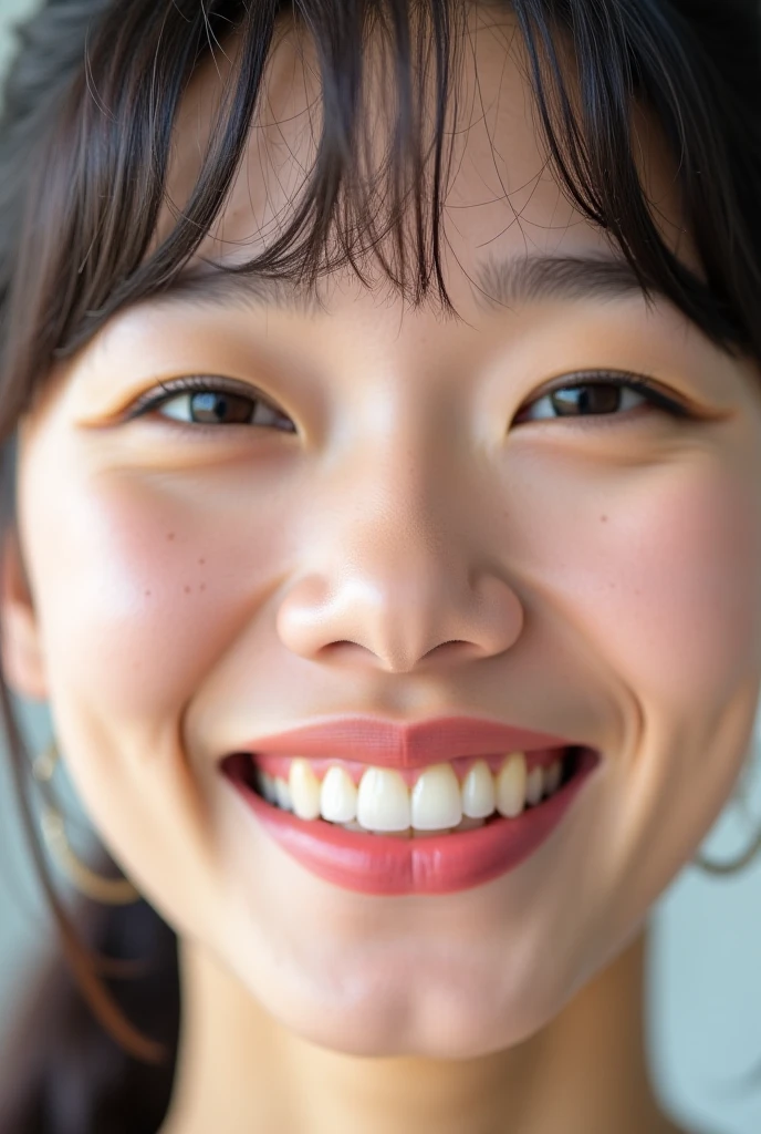 A close-up of a Japanese woman smiling, showcasing her slightly crooked ...