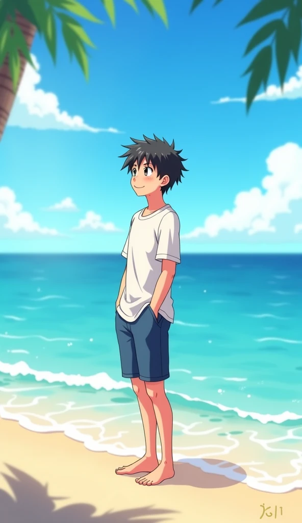 Adrián with a small smile on the anime beach. - SeaArt AI