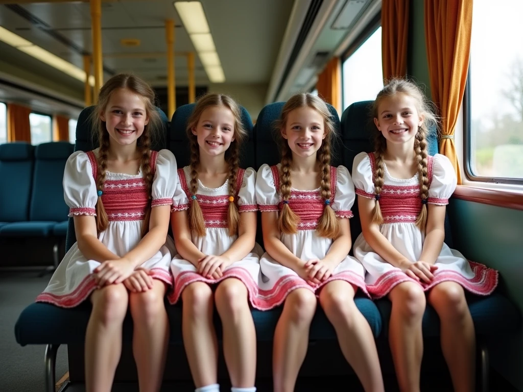Four young slovak girls, appear to be aged 15, sitting on train seat ...