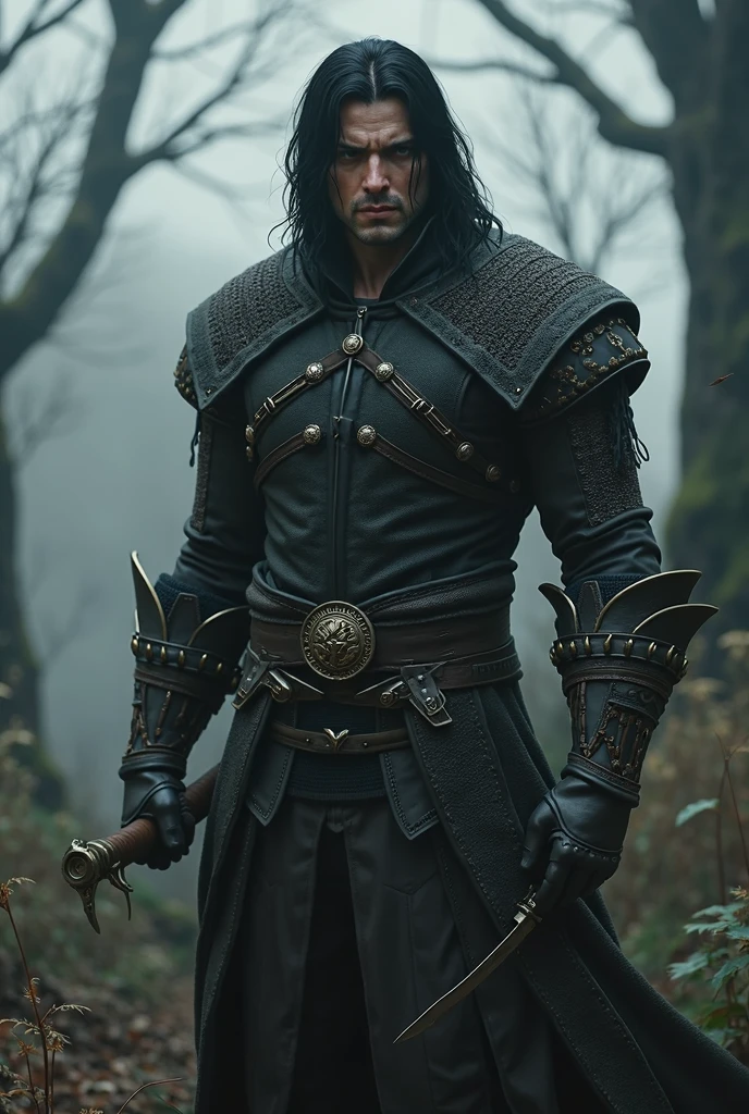 The witcher, male, black hairs, handsome, no beard, holding sword ...