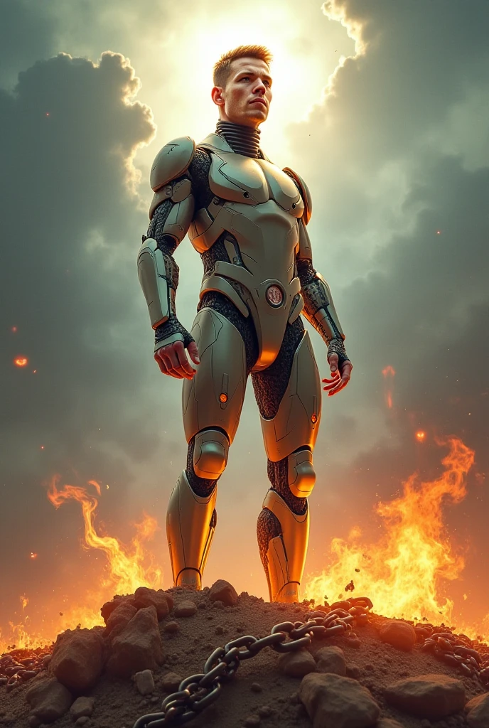 A half-cyborg man stands at the top, , his face full of determination ...