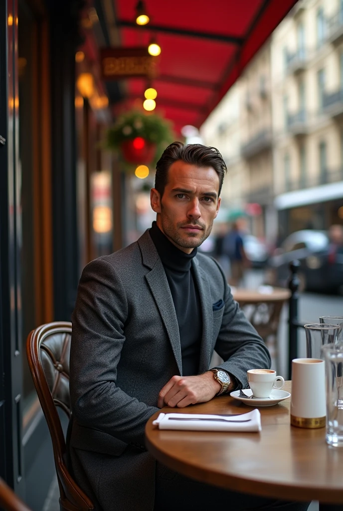 An elegant man is in an advertising poster on a building.Sitting on a ...
