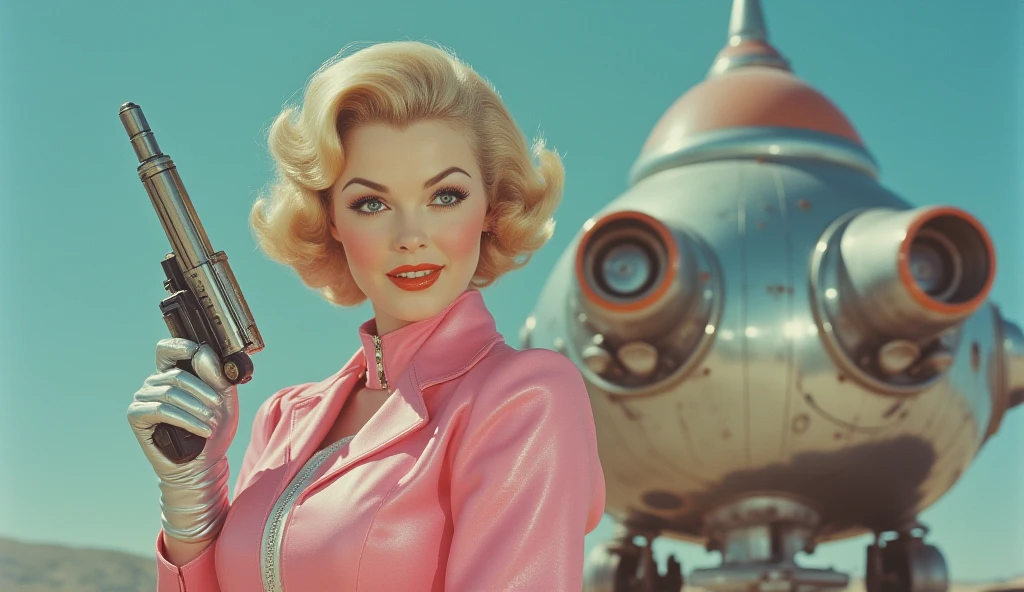 A mid-shot of a retro-futuristic pin-up girl, dressed in a 50s - SeaArt AI